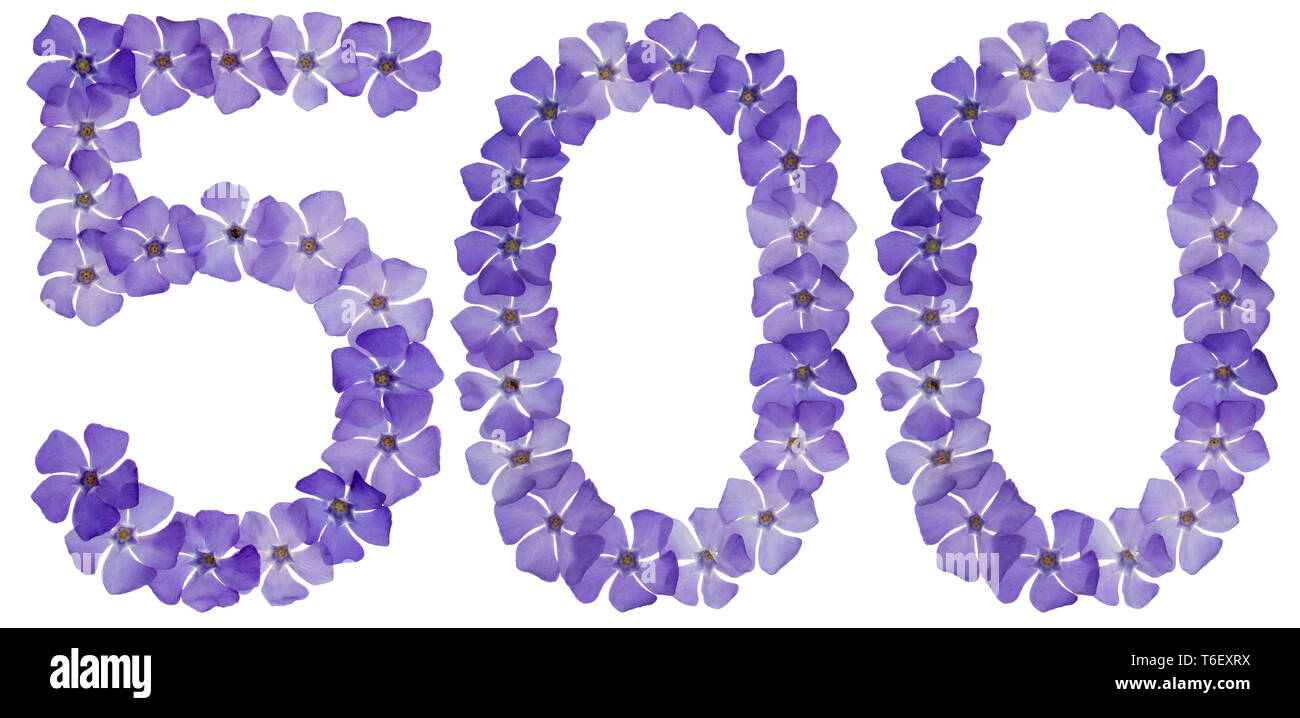 Numeral 500, five hundred, from natural blue flowers of periwinkle ...