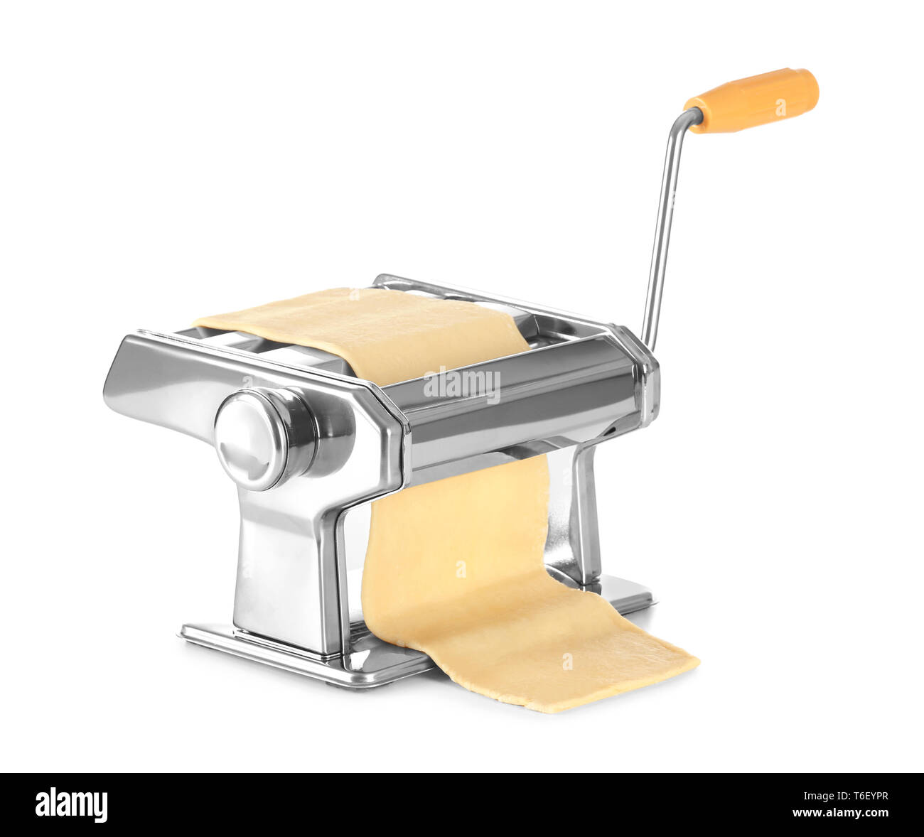 Metal pasta machine with dough on white background Stock Photo - Alamy