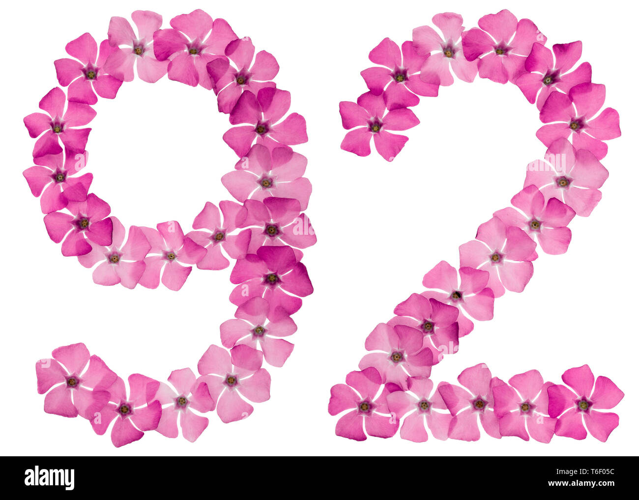 Numeral 92, ninety two, from natural pink flowers of periwinkle ...