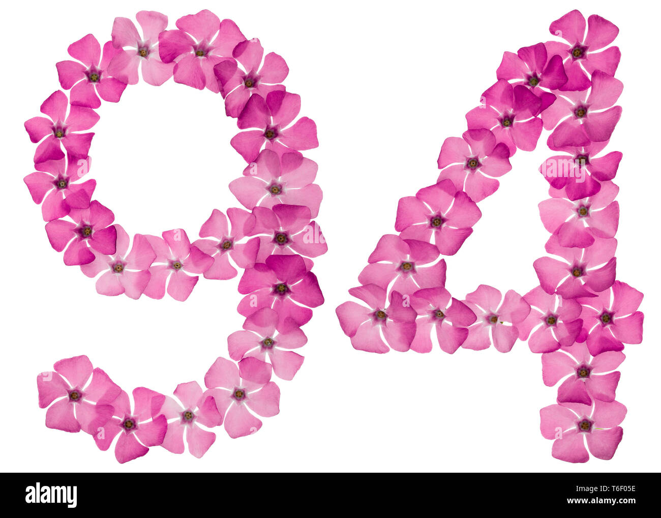 Numeral 94, ninety four, from natural pink flowers of periwinkle ...