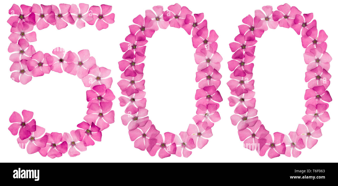 Numeral 500, five hundred, from natural pink flowers of periwinkle ...