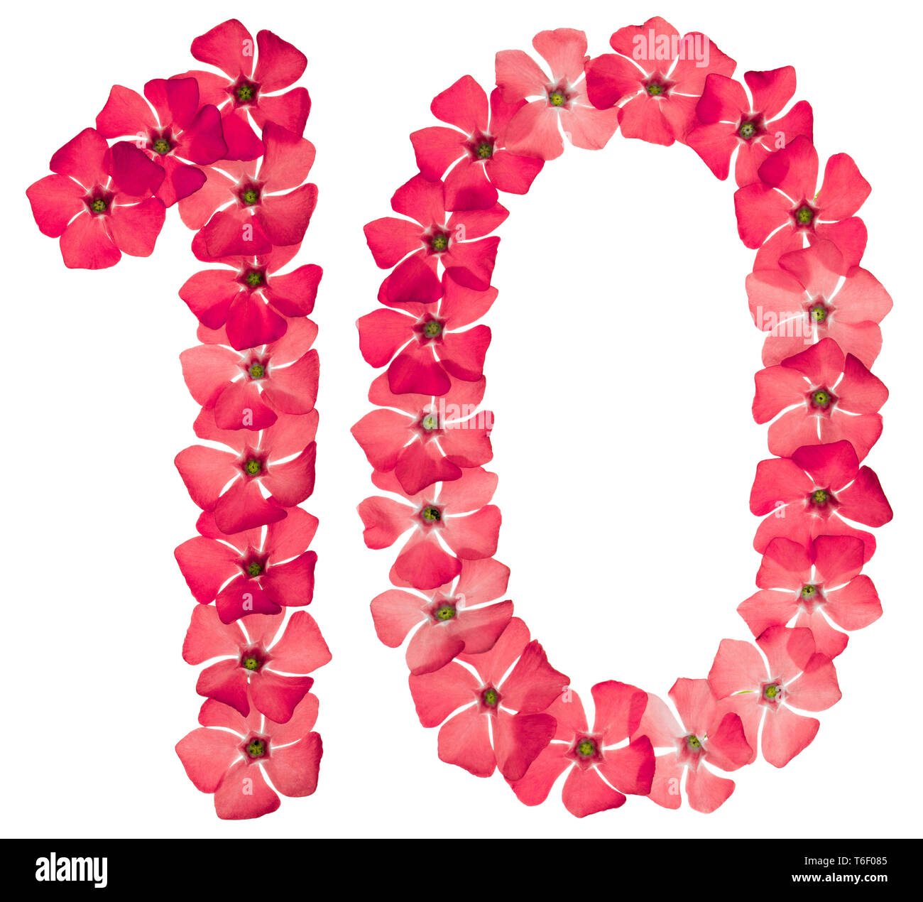 Numeral 10, ten, from natural red flowers of periwinkle, isolated on ...