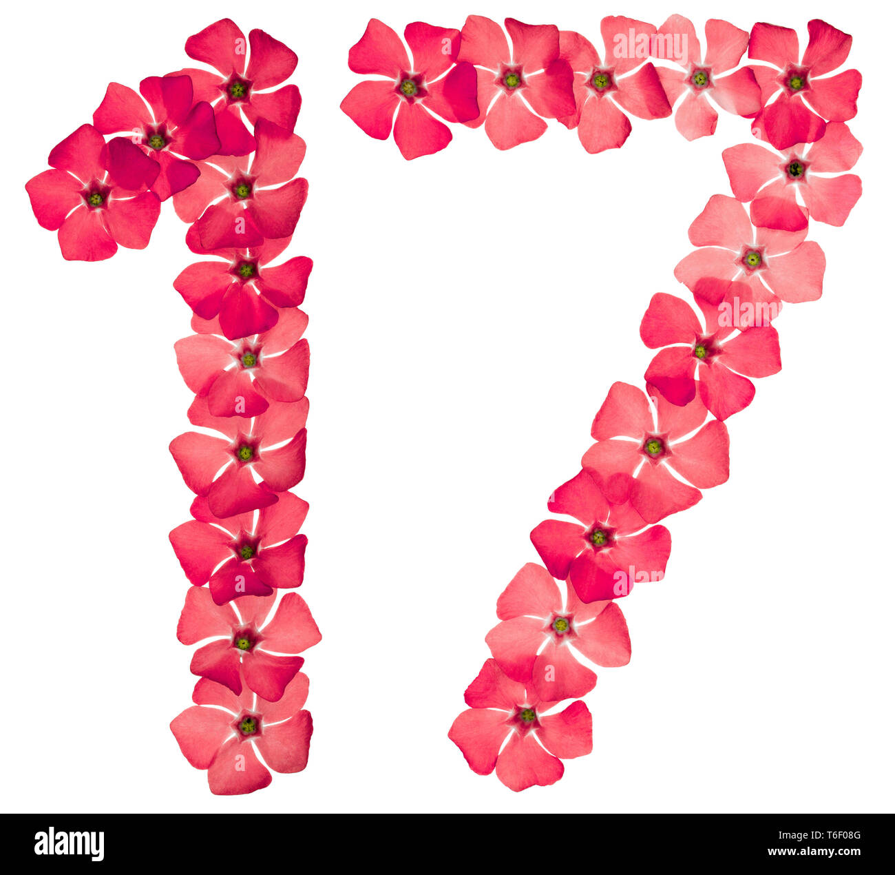 Numeral 17, seventeen, from natural red flowers of periwinkle, isolated ...