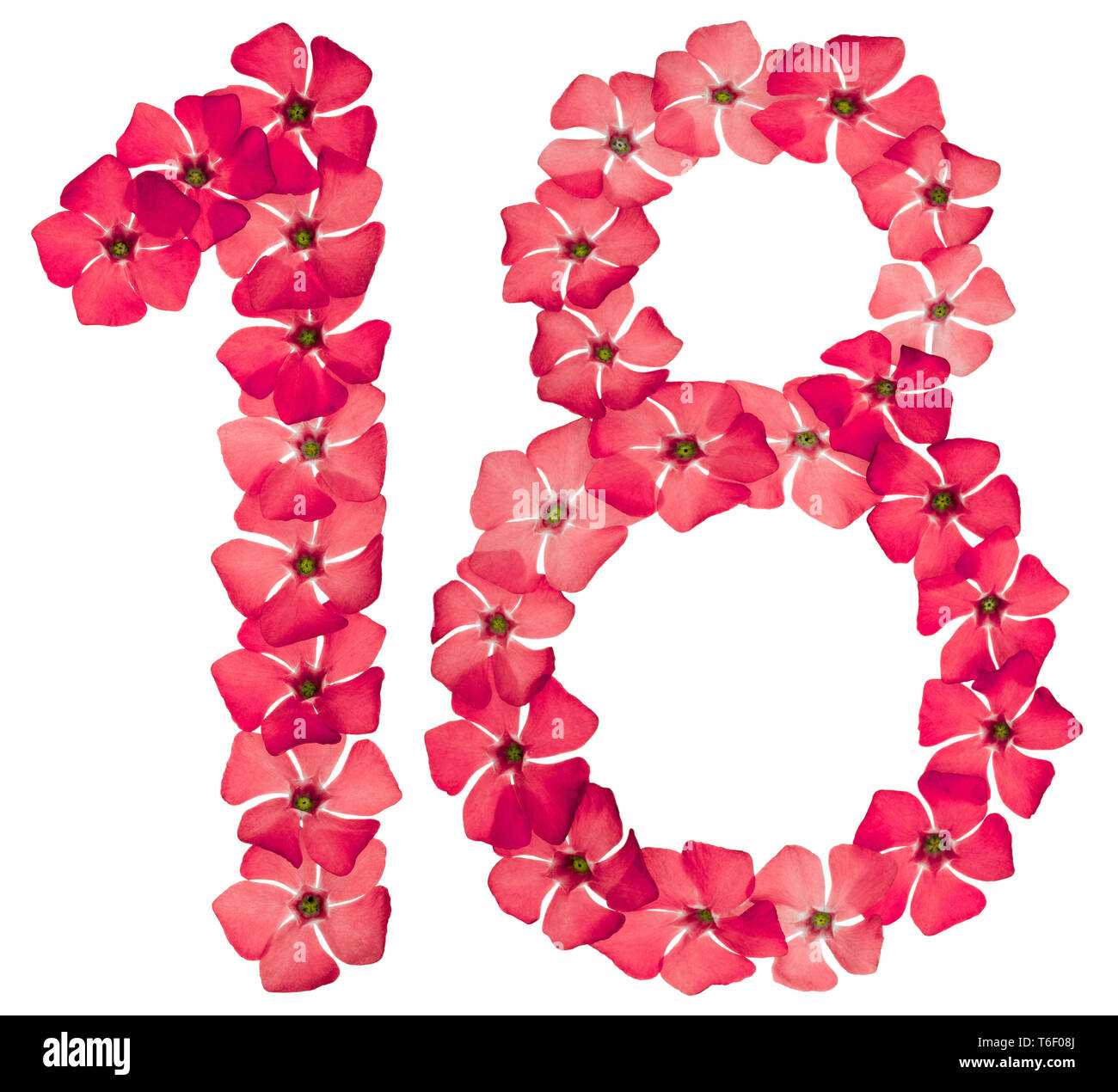 Numeral 18, eighteen, from natural red flowers of periwinkle, isolated ...
