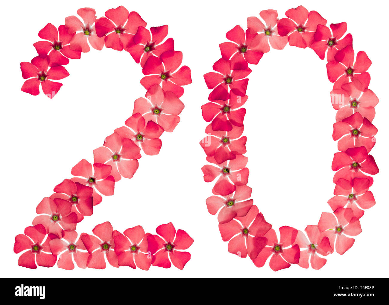 Numeral 20, twenty, two, from natural red flowers of periwinkle ...