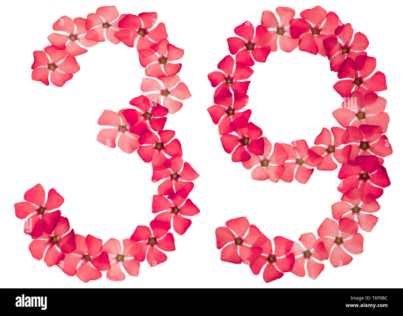 Numeral 39, thirty nine, from natural red flowers of periwinkle ...
