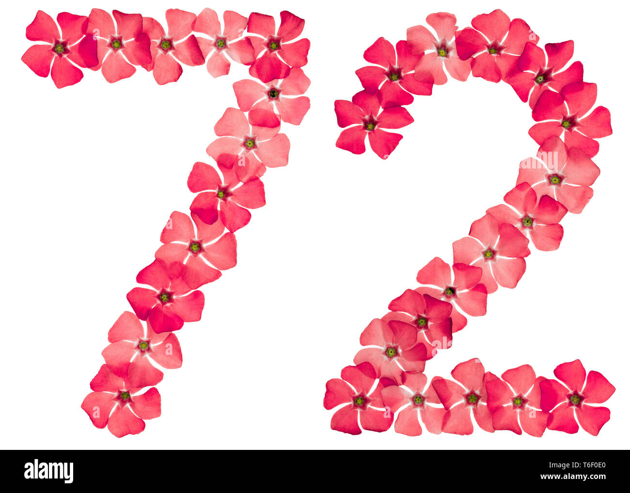 Numeral 72, seventy two, from natural red flowers of periwinkle ...