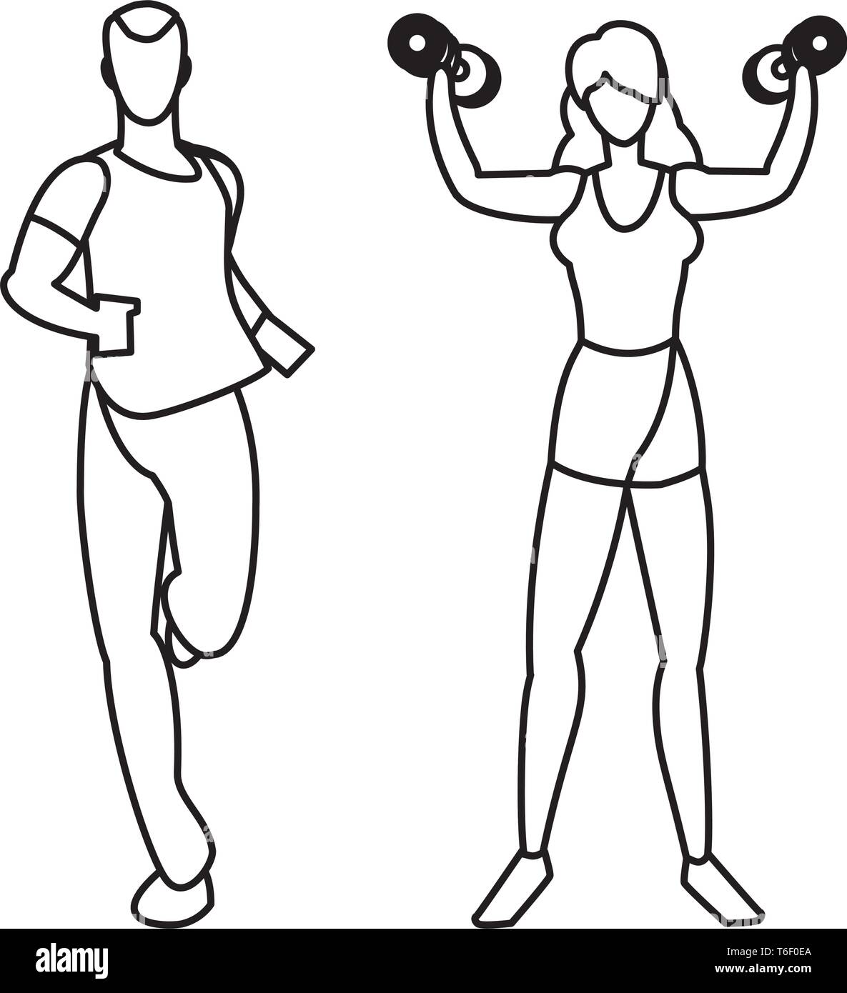 athletic man running and woman weight lifting vector illustration ...