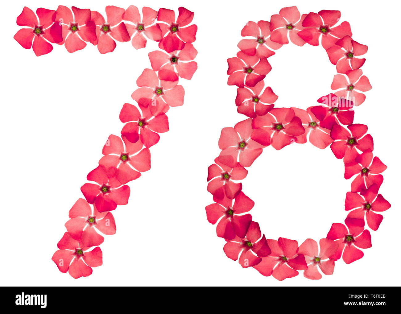 Numeral 78, seventy eight, from natural red flowers of periwinkle ...