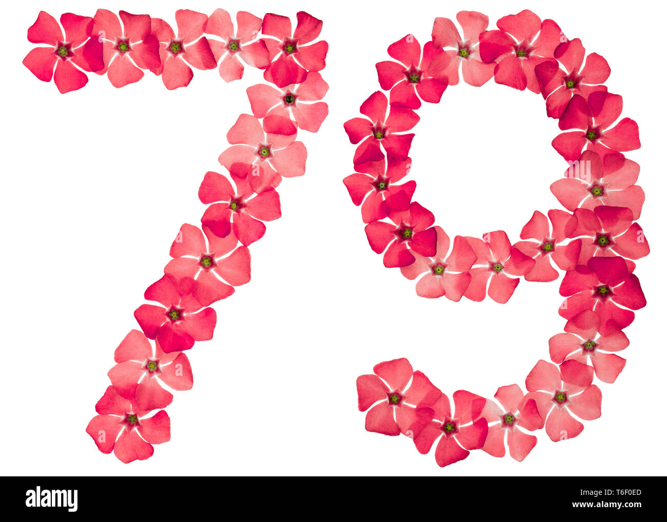 Numeral 79, seventy nine, from natural red flowers of periwinkle ...