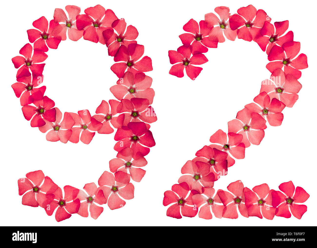 Numeral 92, ninety two, from natural red flowers of periwinkle ...