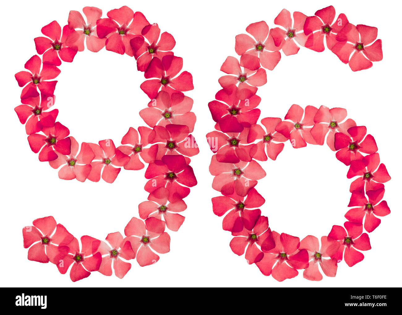 Numeral 96, ninety six, from natural red flowers of periwinkle ...