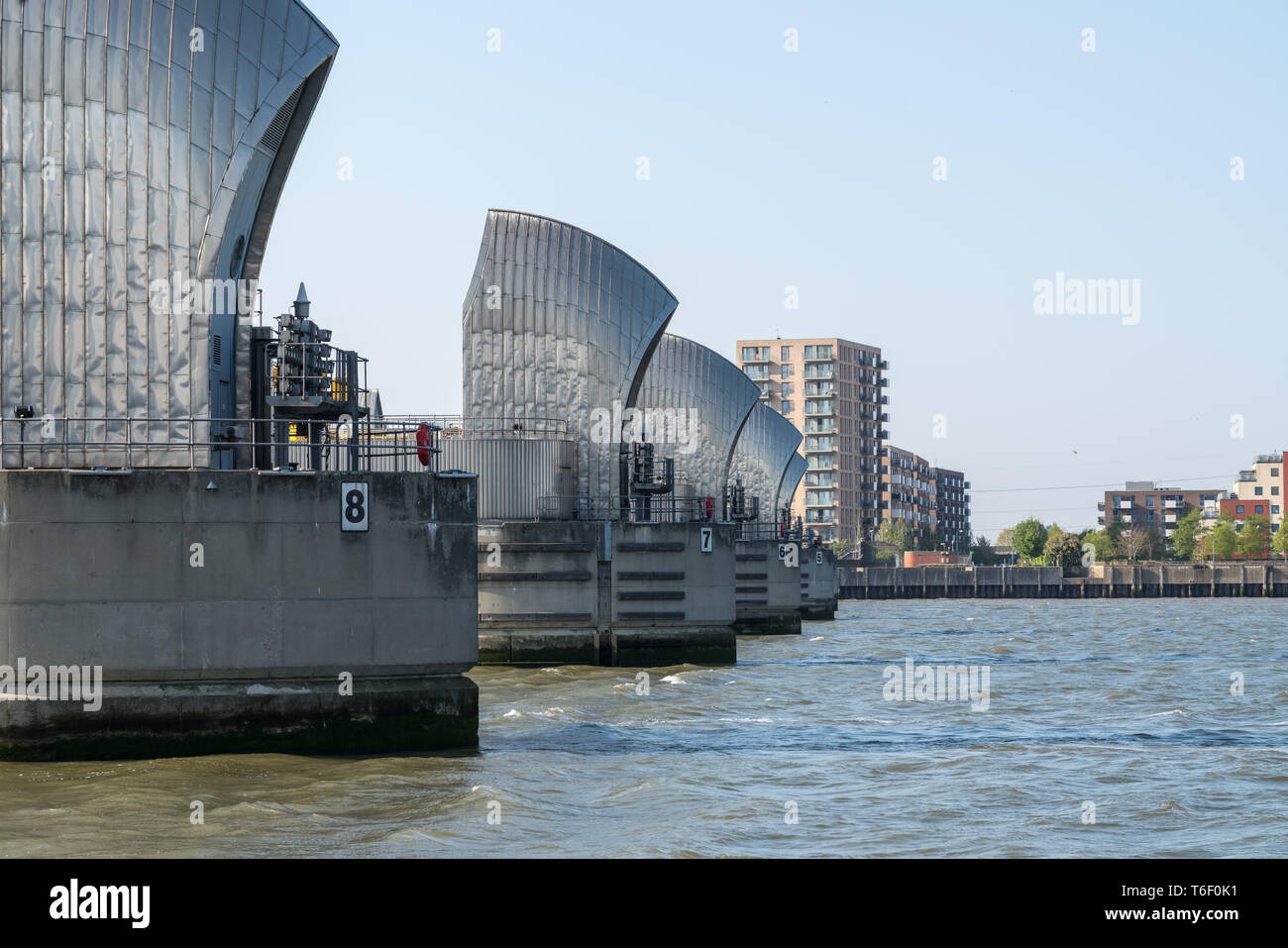 Thames barrier across river in Greenwich Stock Photo - Alamy
