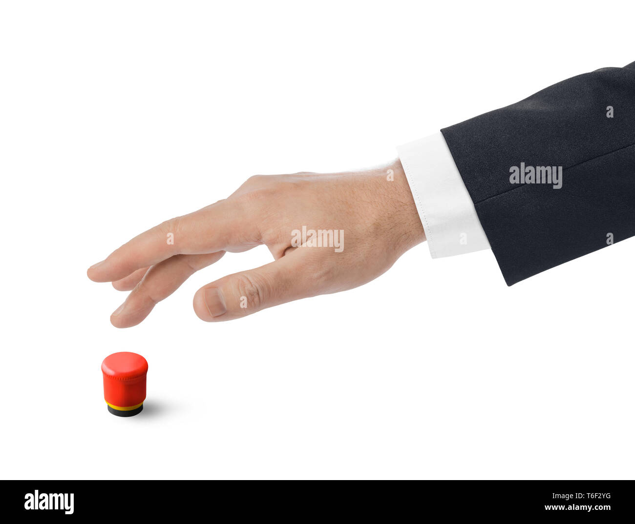 Hand and red button Stock Photo - Alamy