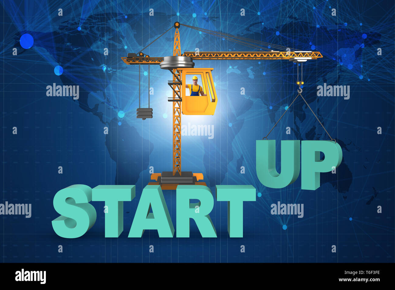 Start-up concept with crane lifting letters Stock Photo - Alamy