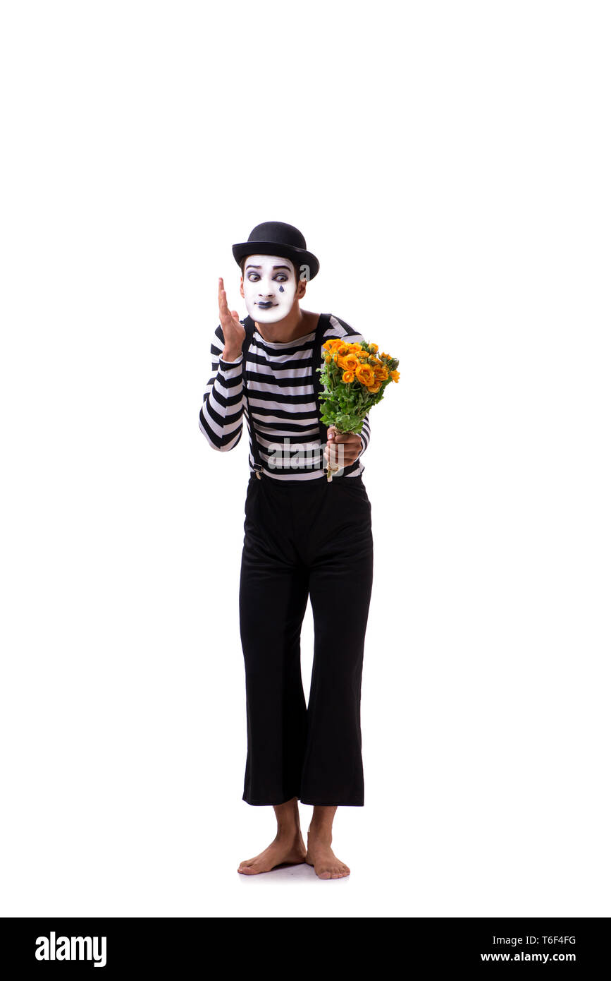 Mime with bunch of flowers isolated on white Stock Photo - Alamy