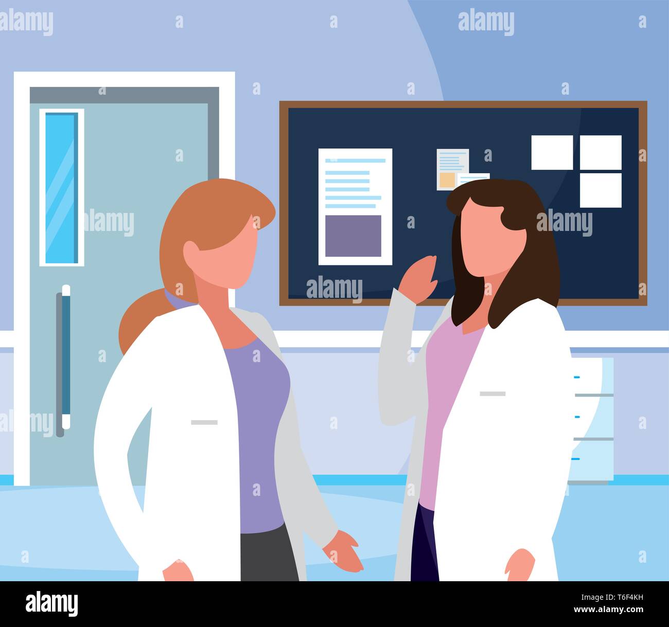female medicine workers in hospital corridor vector illustration design ...