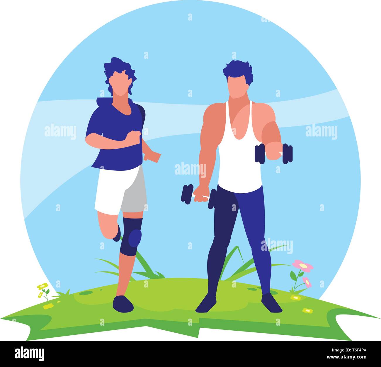 athletic men weight lifting and running in the camp vector illustration ...