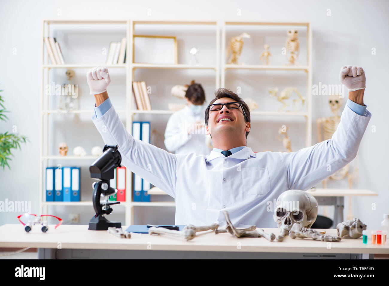 Professor studying human skeleton in lab Stock Photo - Alamy
