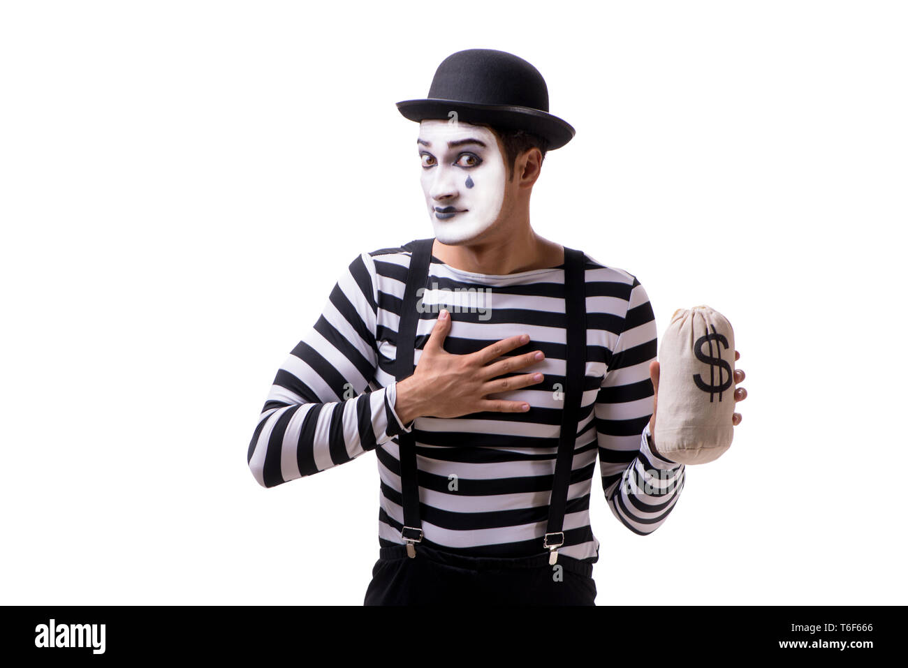 Mime with moneybag isolated on white background Stock Photo - Alamy