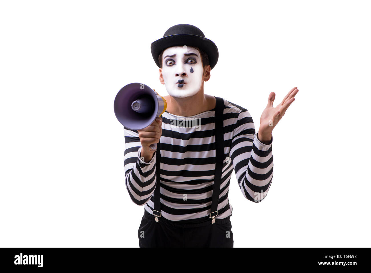 Mime with megaphone isolated on white background Stock Photo - Alamy
