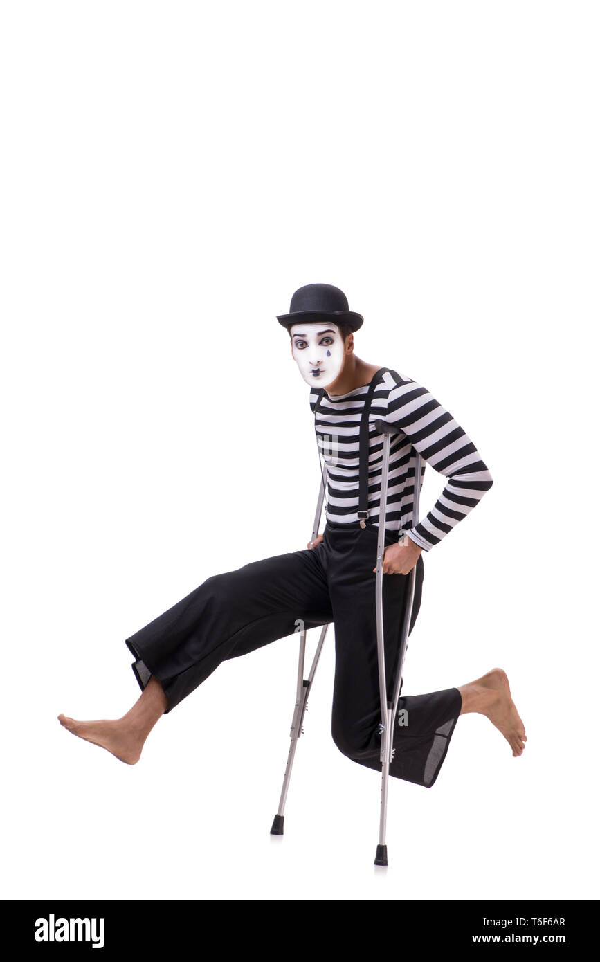 Mime with crutches isolated on white background Stock Photo - Alamy