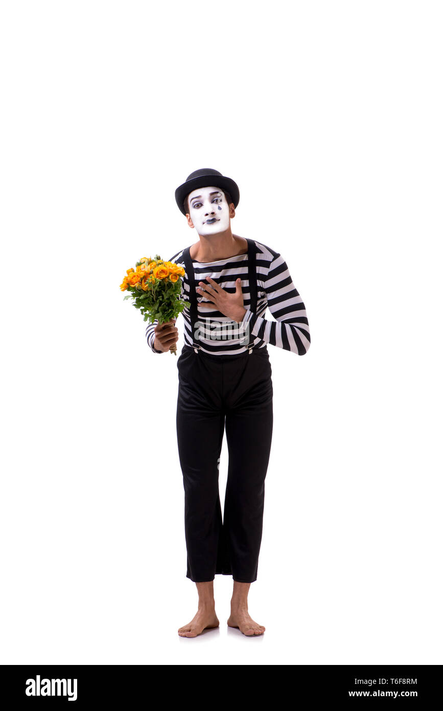 Mime with bunch of flowers isolated on white Stock Photo - Alamy