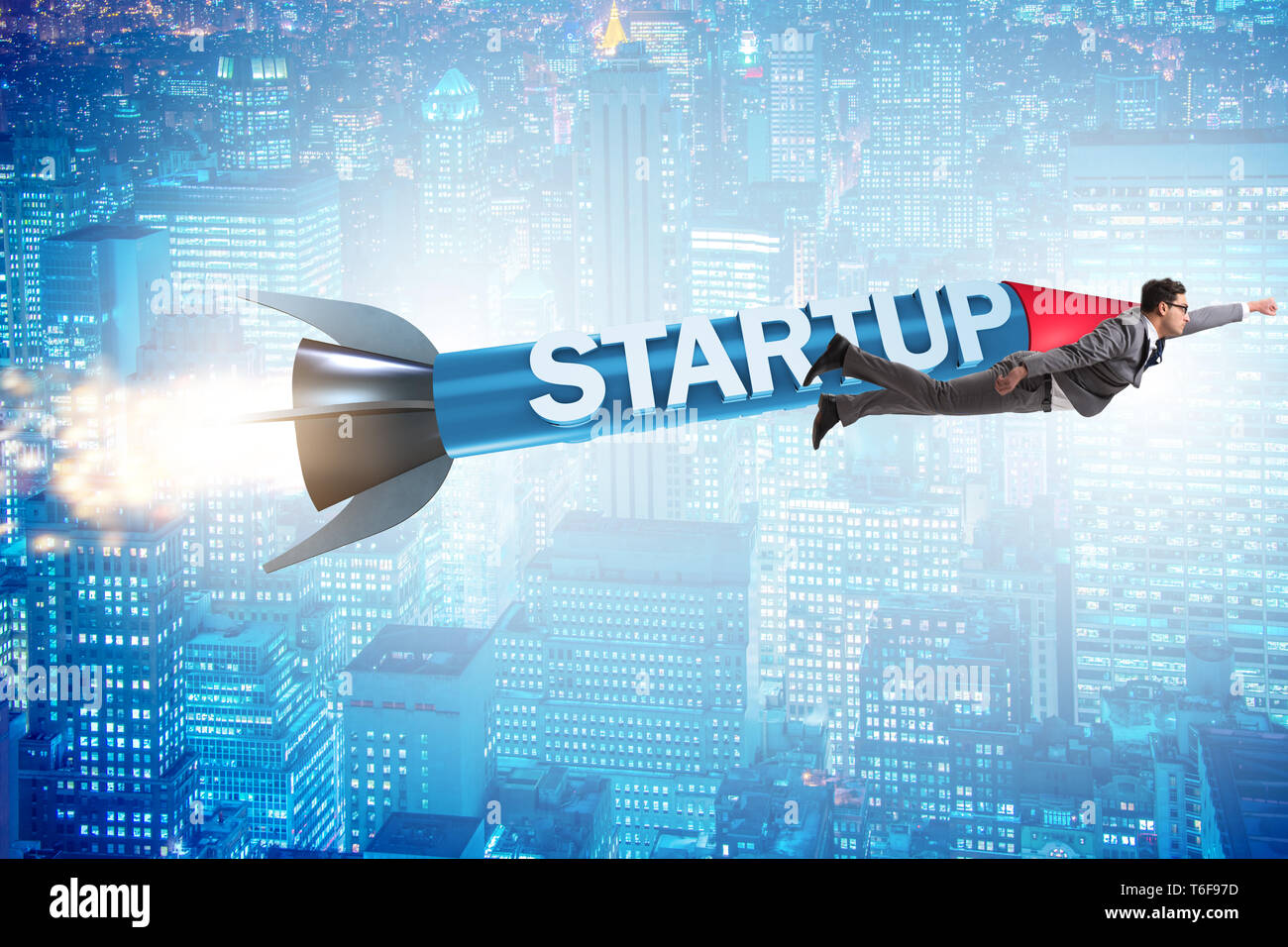 Businessman in start-up concept flying on rocket Stock Photo - Alamy