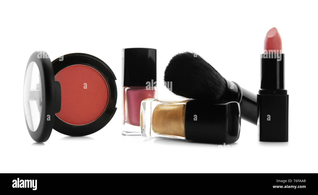Decorative cosmetics on white background Stock Photo - Alamy