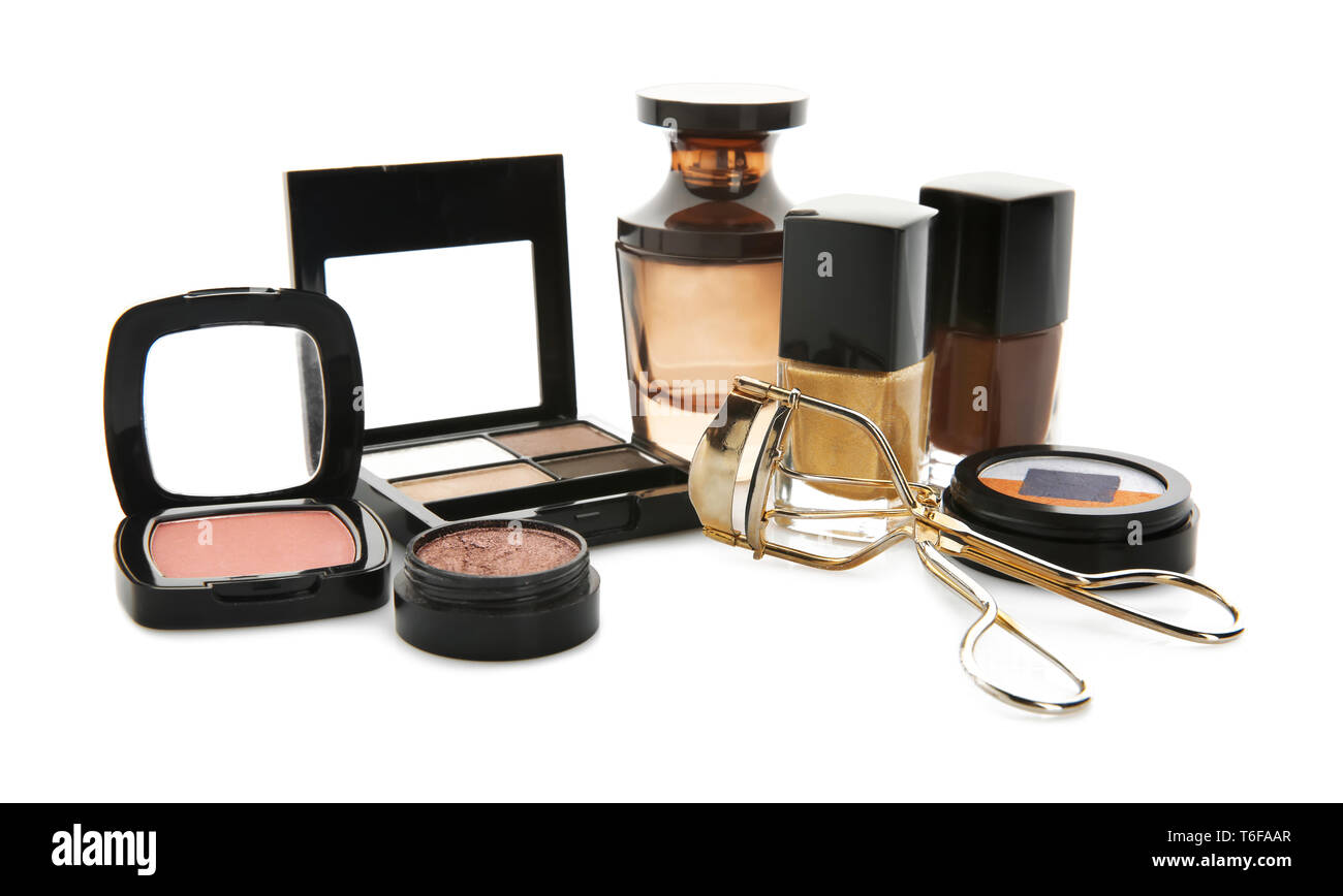 Decorative cosmetics on white background Stock Photo - Alamy
