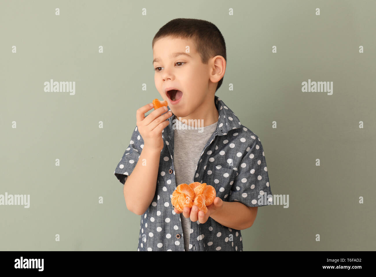 Funny little boy eating citrus fruit on color background Stock Photo ...