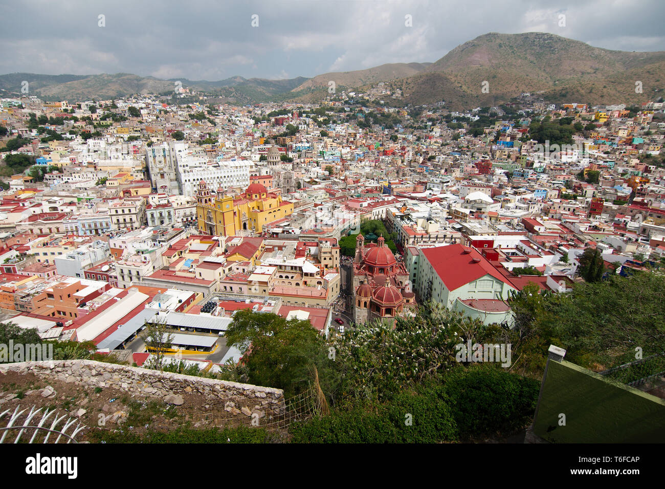 Aerial view of Guanajuato City historic center, including the Basilica ...