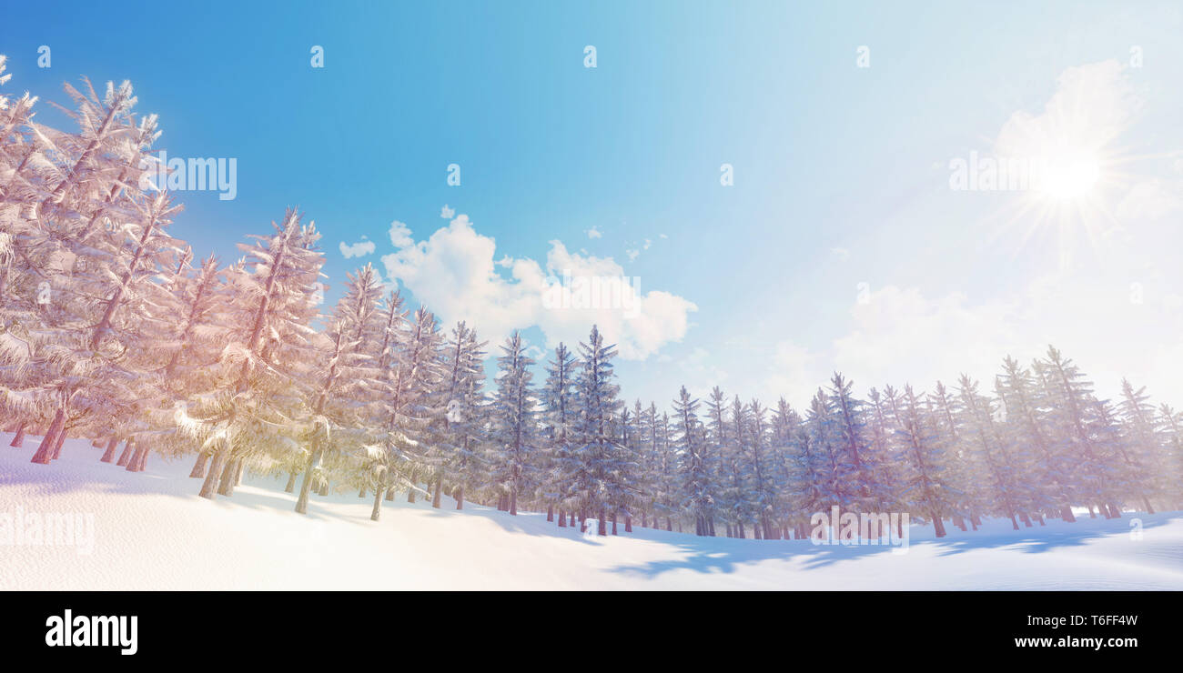 Colorful panoramic landscape: winter snowy forest. (Car backplate, 3D ...