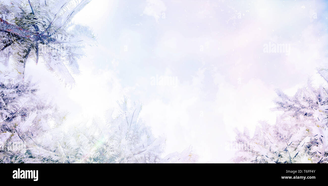 Colorful panoramic landscape: winter snowy forest. (Car backplate, 3D ...