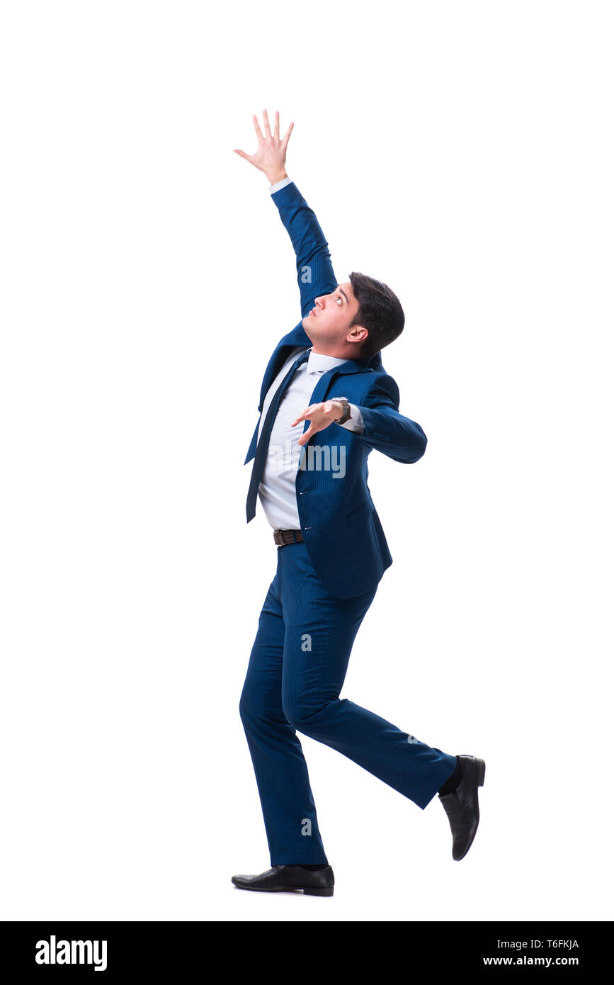 Businessman in funny pose isolated on white Stock Photo - Alamy