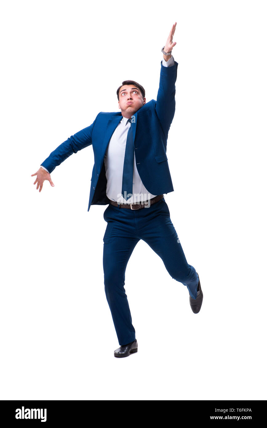 Businessman in funny pose isolated on white Stock Photo - Alamy