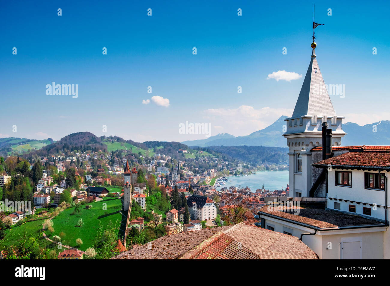 View over Lucerne with Museggmauer from castle Guetsch Stock Photo - Alamy