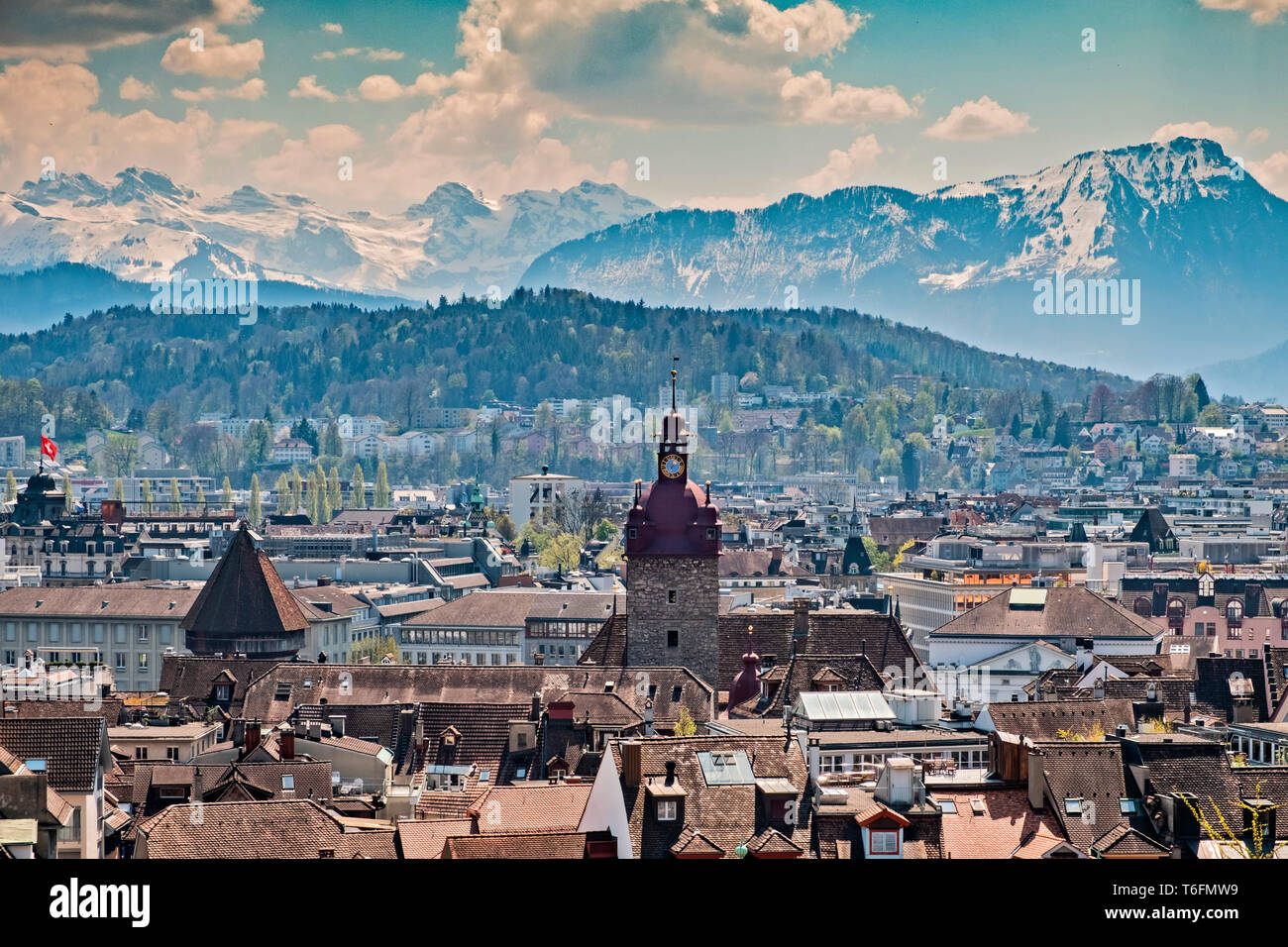 Top view over Lucerne, Switzerland. The center of the photo shows the ...