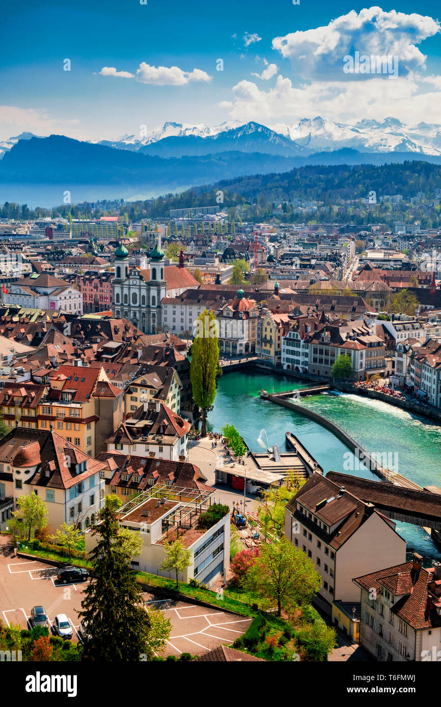 View over Lucerne with Kapell bridge, taken from Museggmauer Stock ...