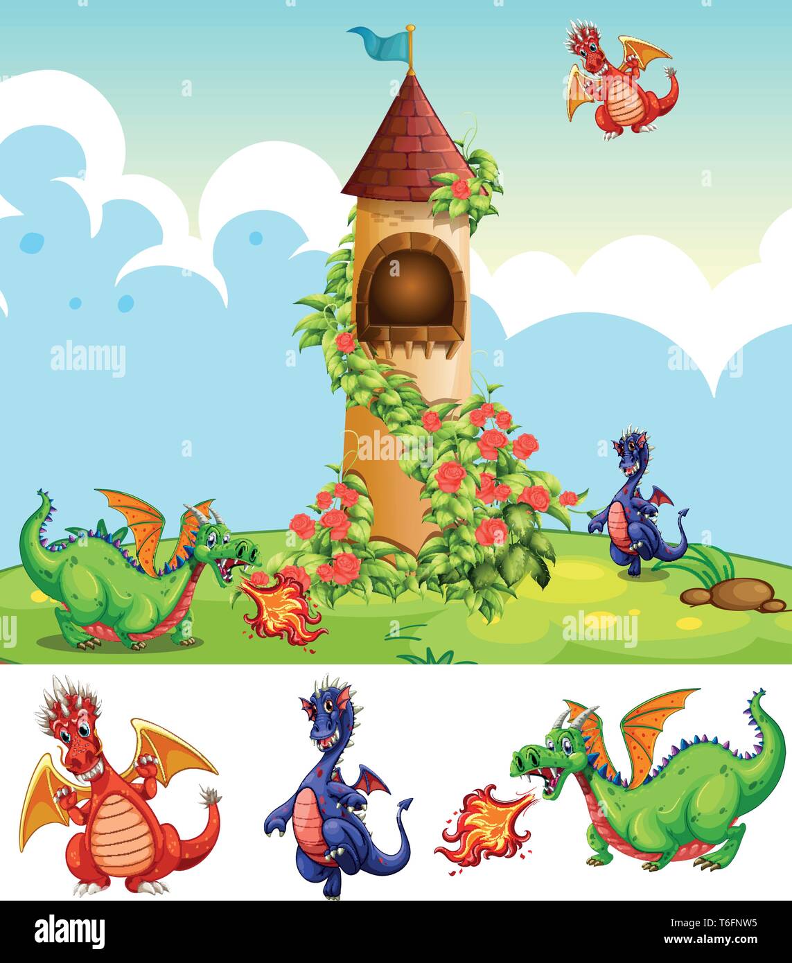 Set of dragons in castle scenery illustration Stock Vector Image & Art ...