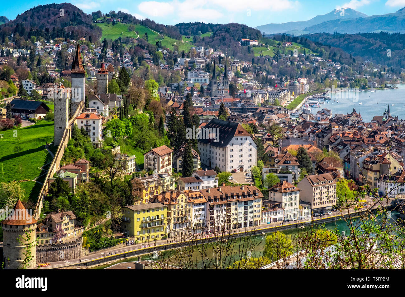 View over Lucerne with Museggmauer from castle Guetsch Stock Photo - Alamy