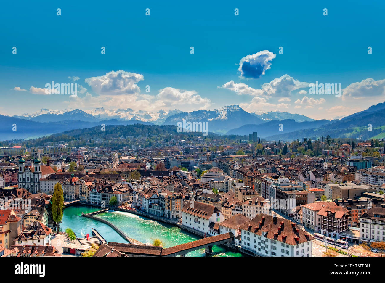View over Lucerne with Kapell bridge Stock Photo - Alamy