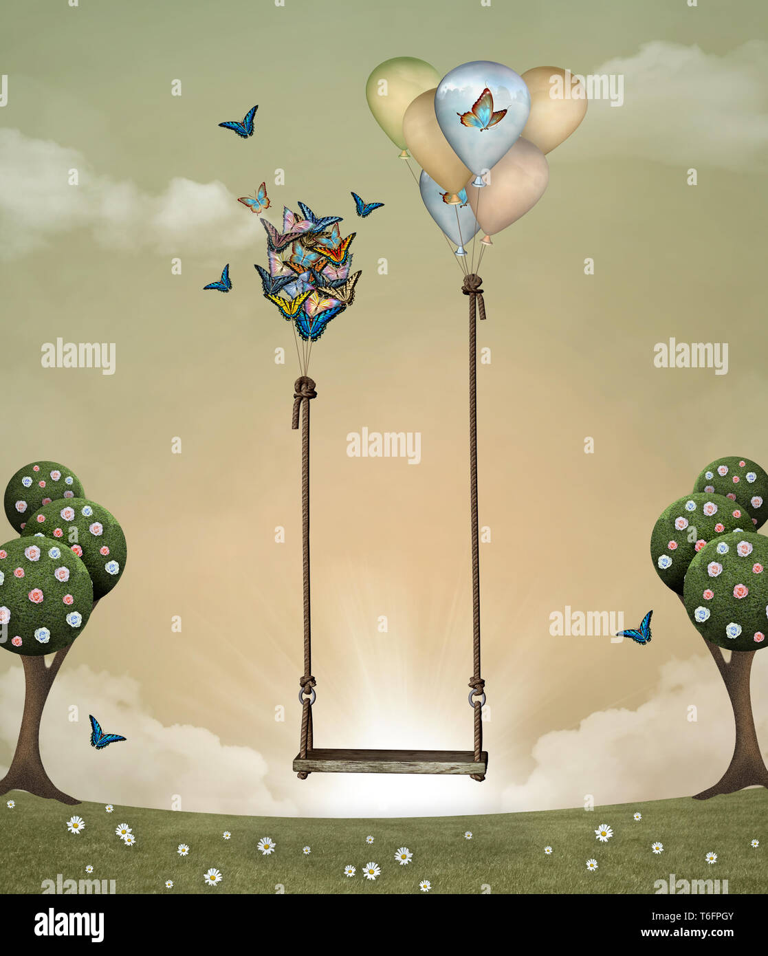 Surreal swing in a springtime landscape Stock Photo - Alamy