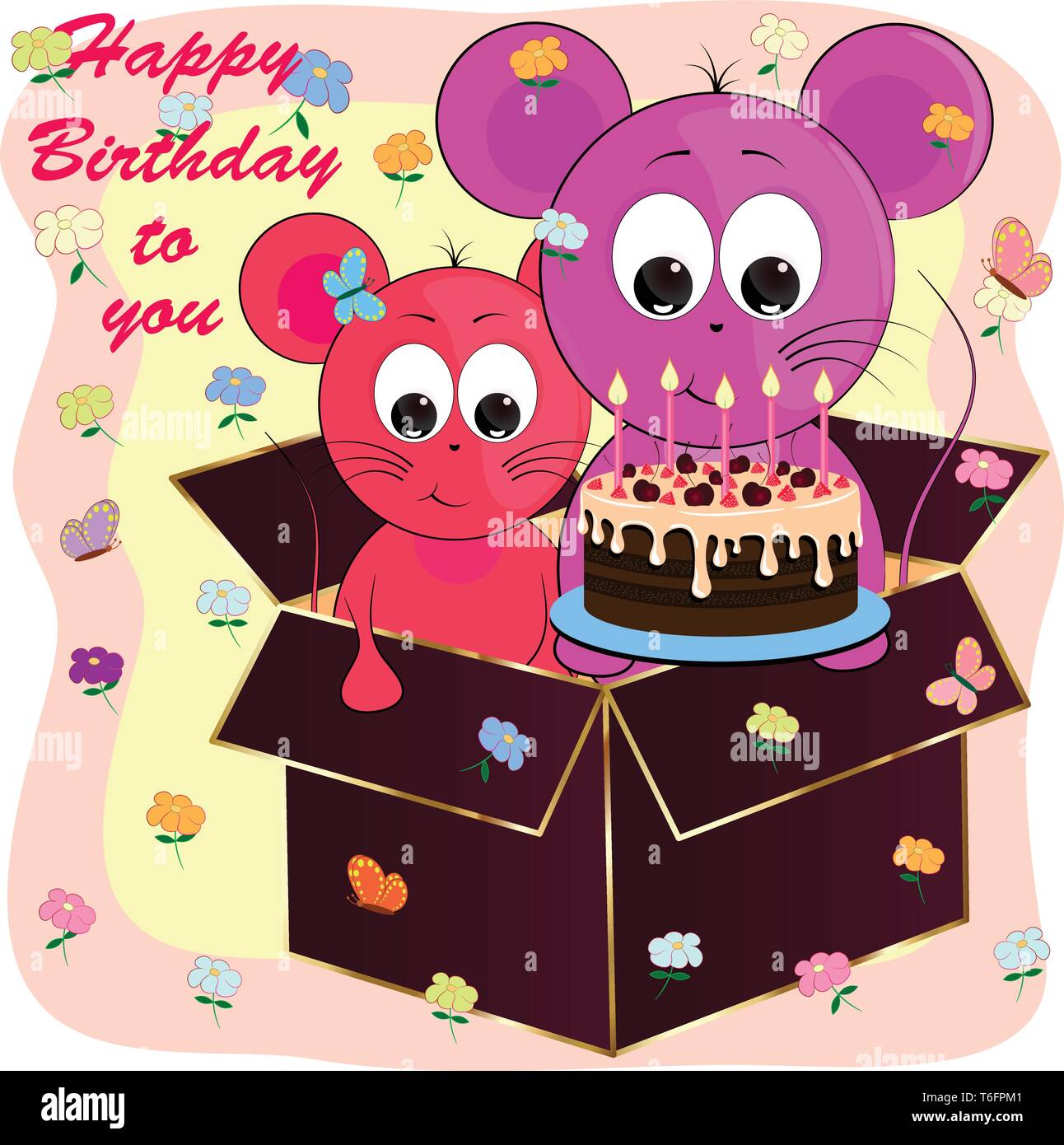 mice in a gift box cartoon vector illustration. birthday greeting card ...