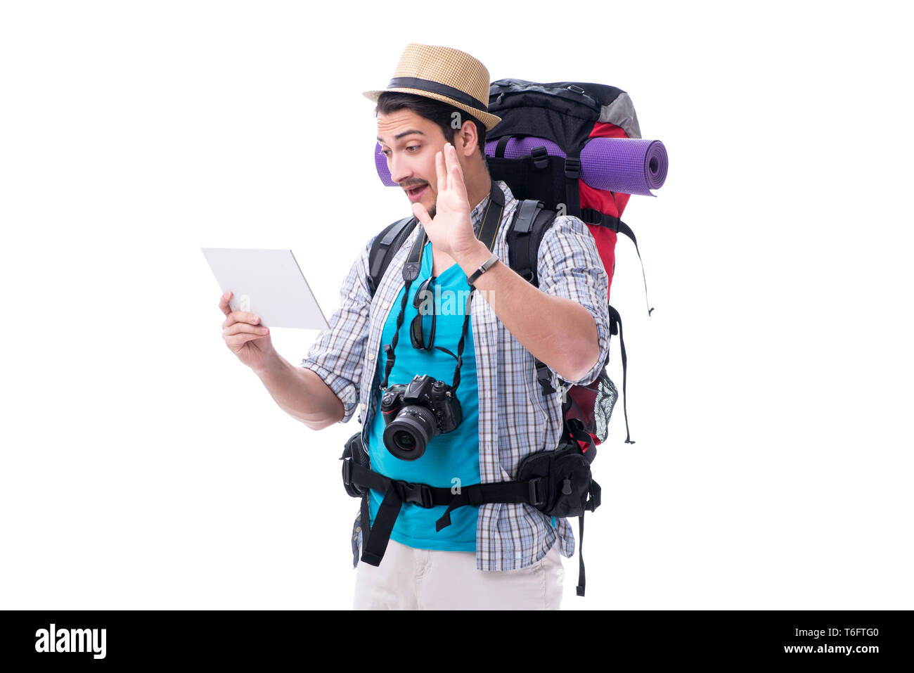 Man lost and looking for direction with map on white Stock Photo - Alamy
