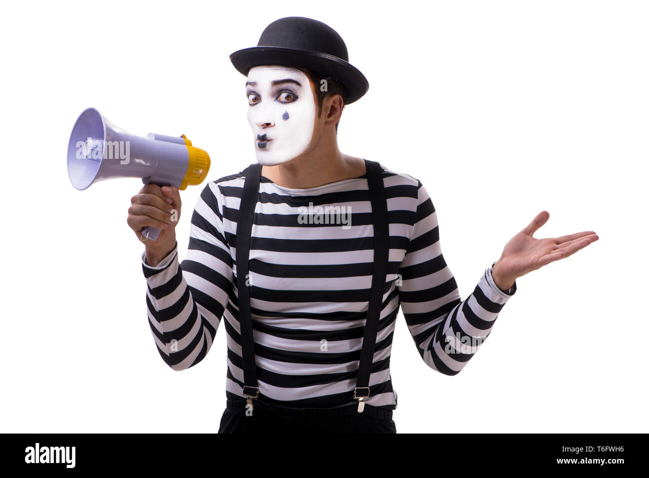 Mime with megaphone isolated on white background Stock Photo - Alamy