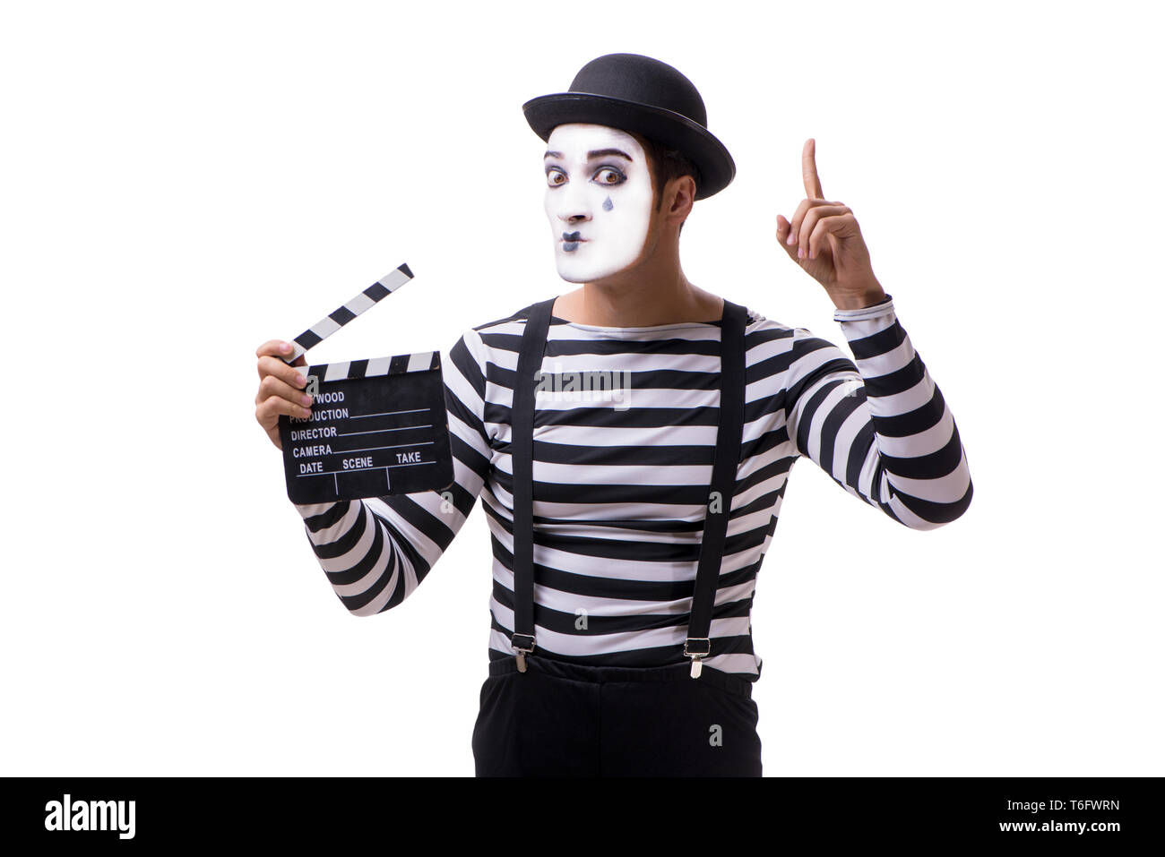Mime with movie clapperboard isolated on white Stock Photo - Alamy