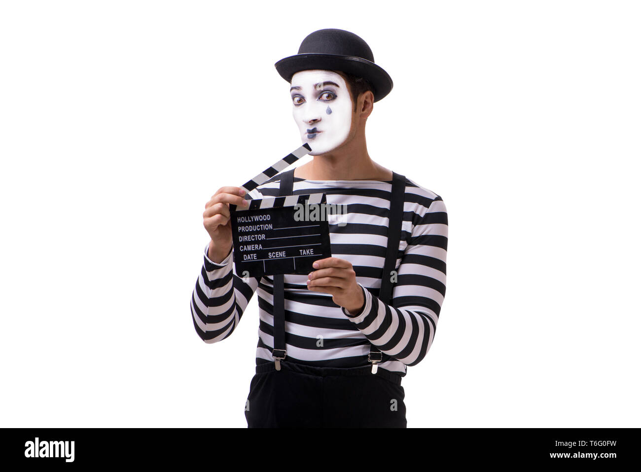 Mime with movie clapperboard isolated on white Stock Photo - Alamy
