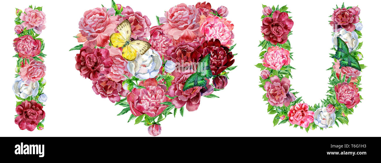 Words I love you of watercolor flowers, isolated hand drawn on a white ...