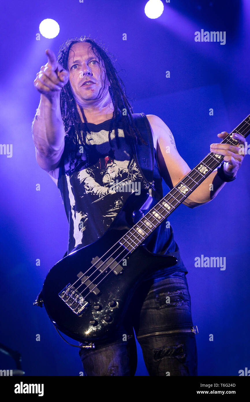 John Moyer of Disturbed performs live on stage during the 'Evolution ...